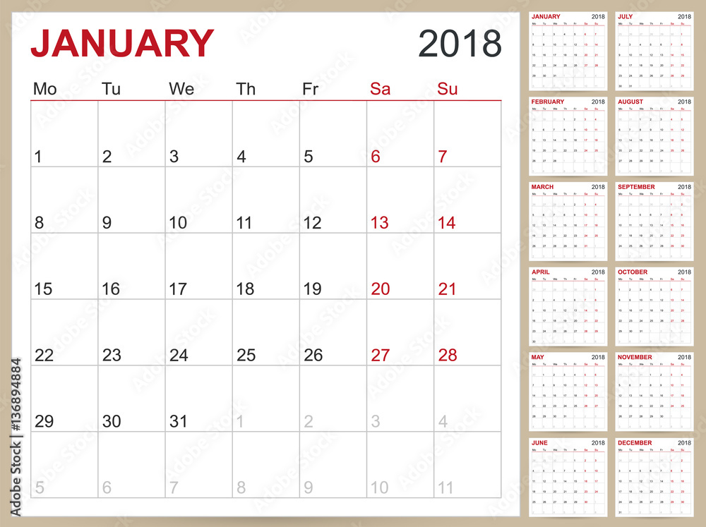 Calendar 2018, English calendar template for year 2018, set of 12 ...