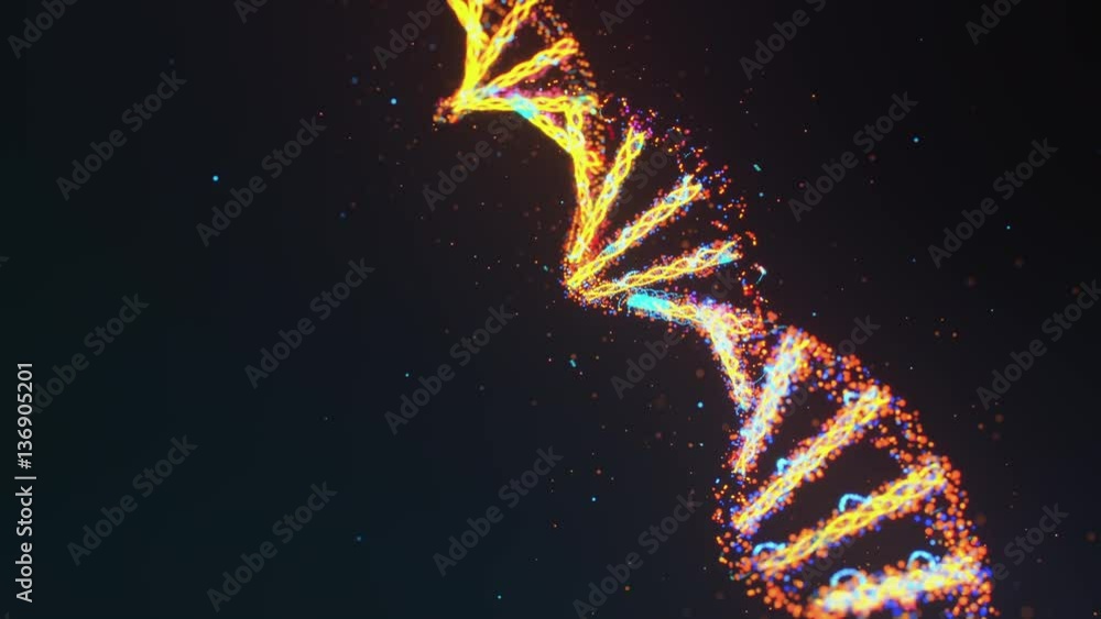 Animation of glowing abstract particles forming spinning DNA molecule ...