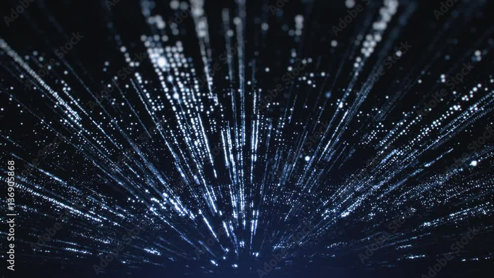 Digitally generated animation of blue light trails radiating from the ...