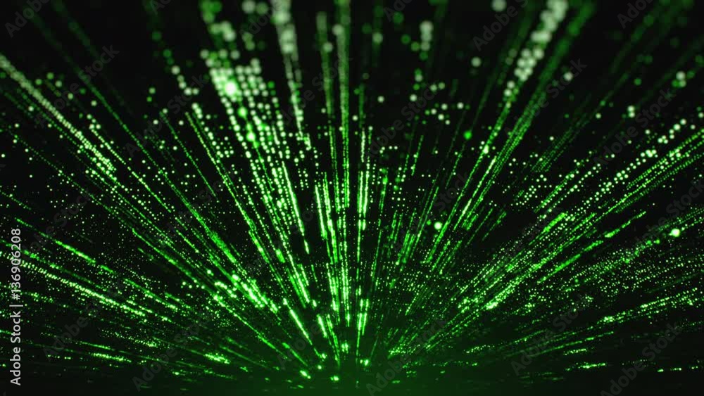 Computer animation of green light particles radiating from the center ...