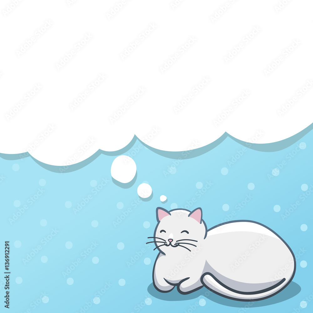 Vector illustration with lying white cat on blue dotted background ...