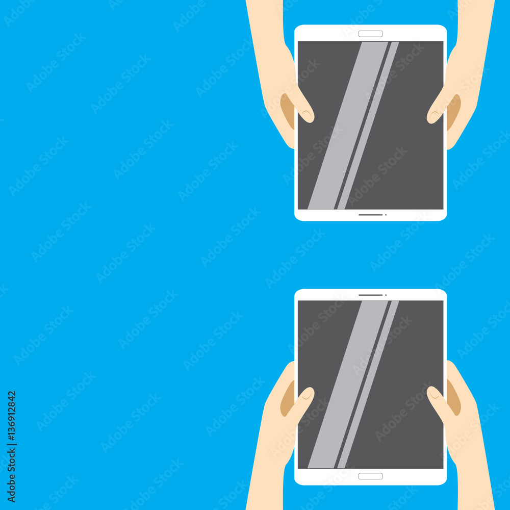 Hands holding white tablet computers on a blue background. Vector ...