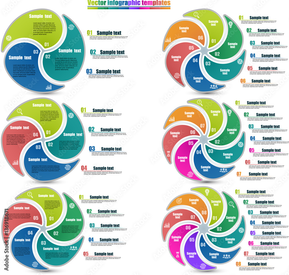 Set of circle infographic templates same style with 3-8 steps and ...