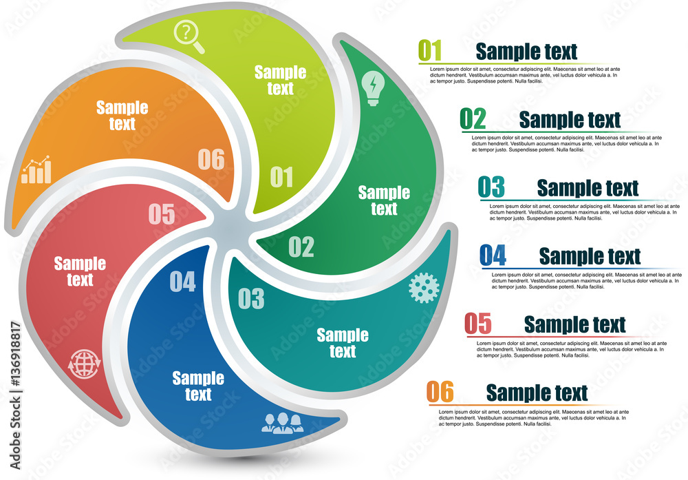 Circle infographic template with 6 steps. Parts of the chart with icons ...