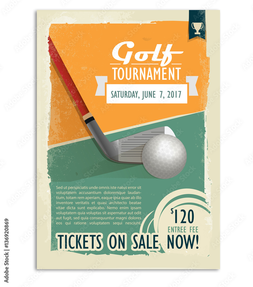 Golf tournament. Retro golf poster or flyer with a golf ball. Text and ...