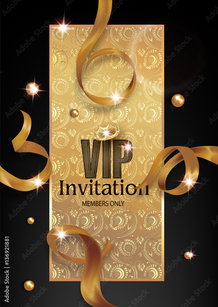 VIP Invitation card with gold ribbons, beads and floral design ...