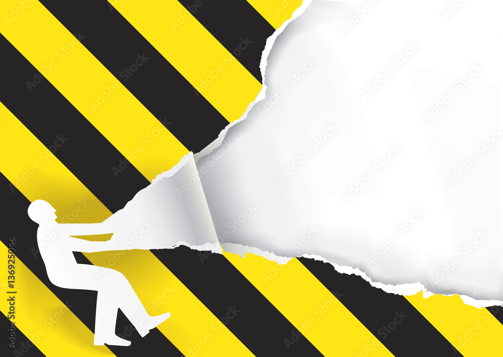 Man ripped paper with construction sign. Male silhouette ripped yellow ...