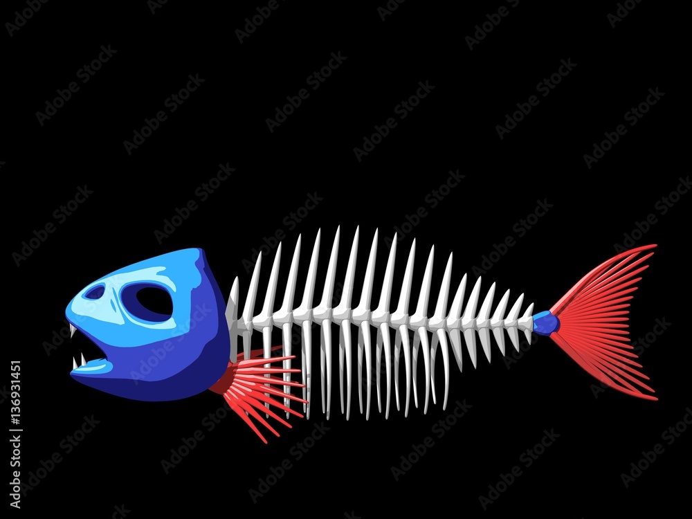 Fish skeleton. Isolated on black background. 3D rendering illust Stock ...