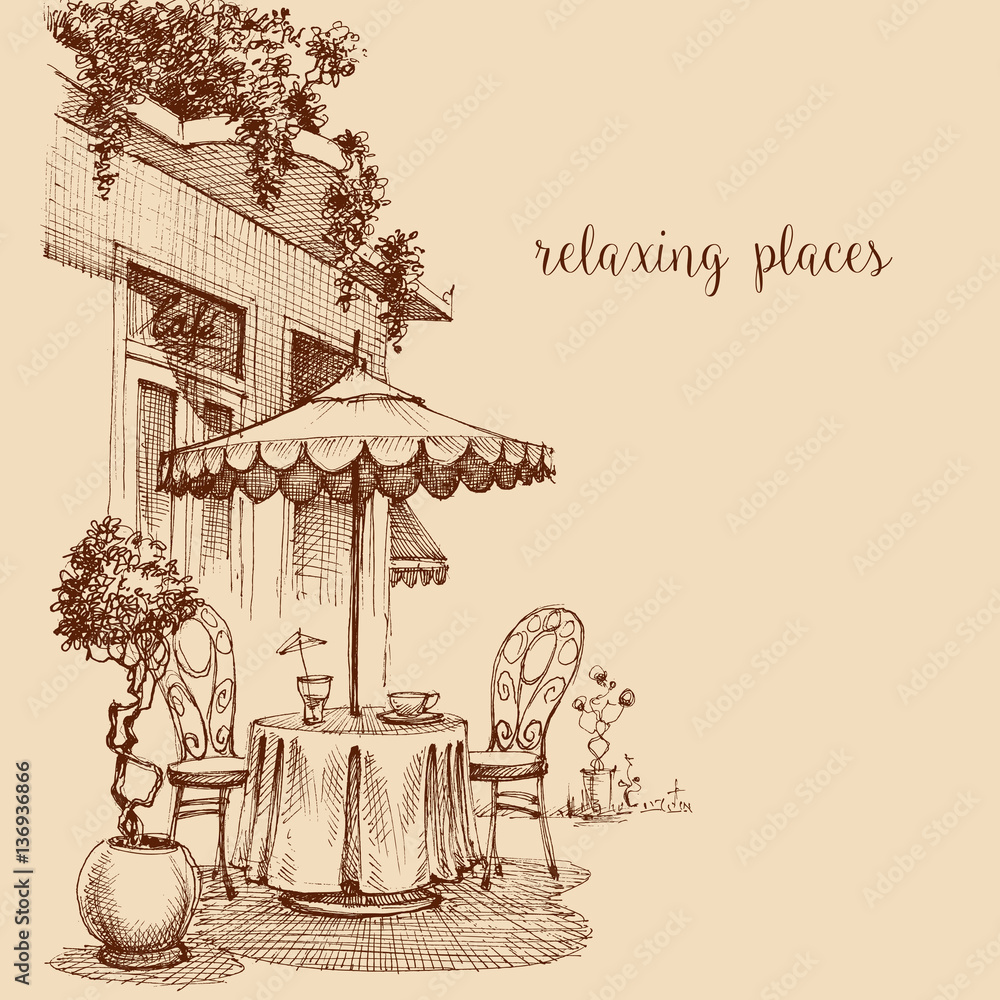Restaurant exterior sketch, coffee shop terrace with table Stock Vector ...