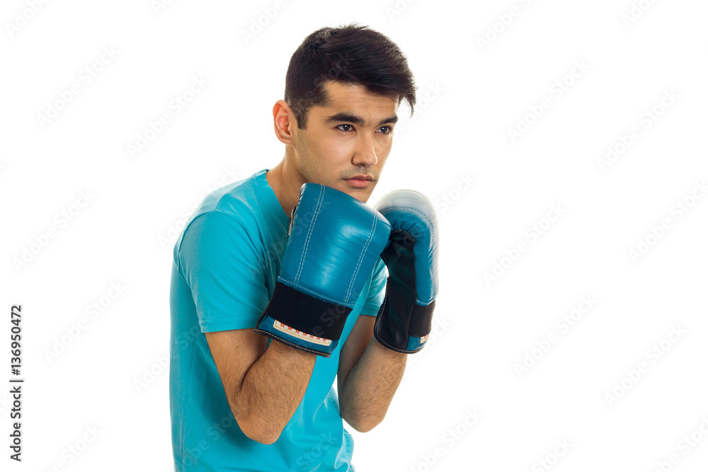 handsome young guy practicing boxing in blue gloves isolated on white ...