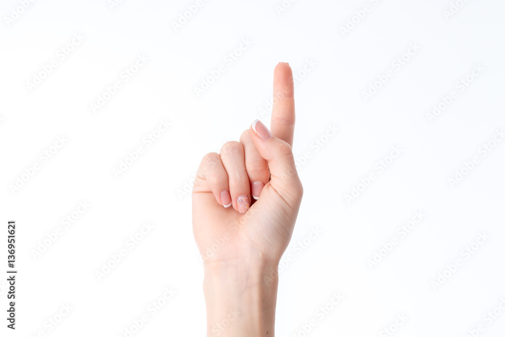 female hand showing the gesture with raised up one finger isolated on ...