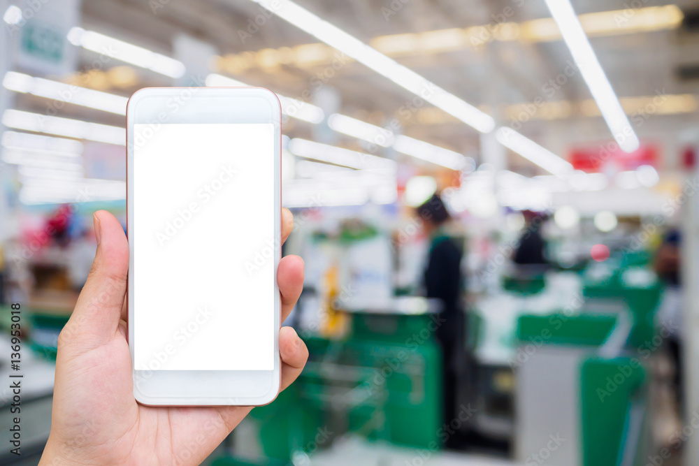 supermarket checkout cashier counter with hand hold mobile smart Stock ...