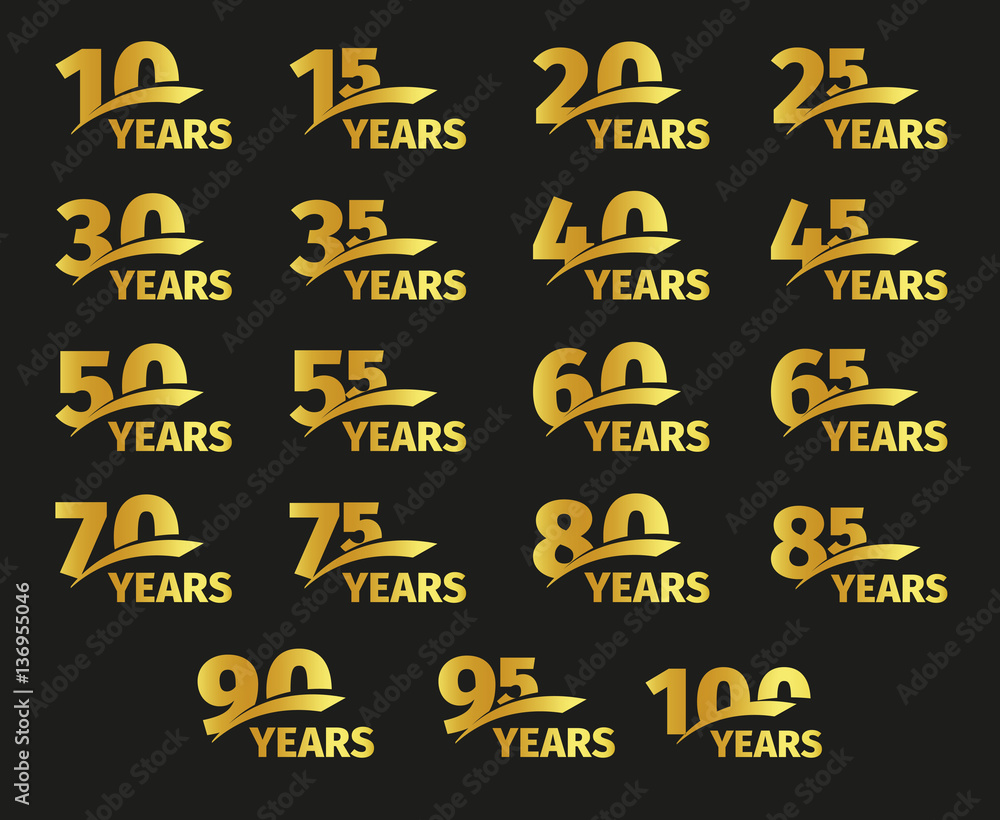 Isolated golden color numbers with word years icons collection on black ...