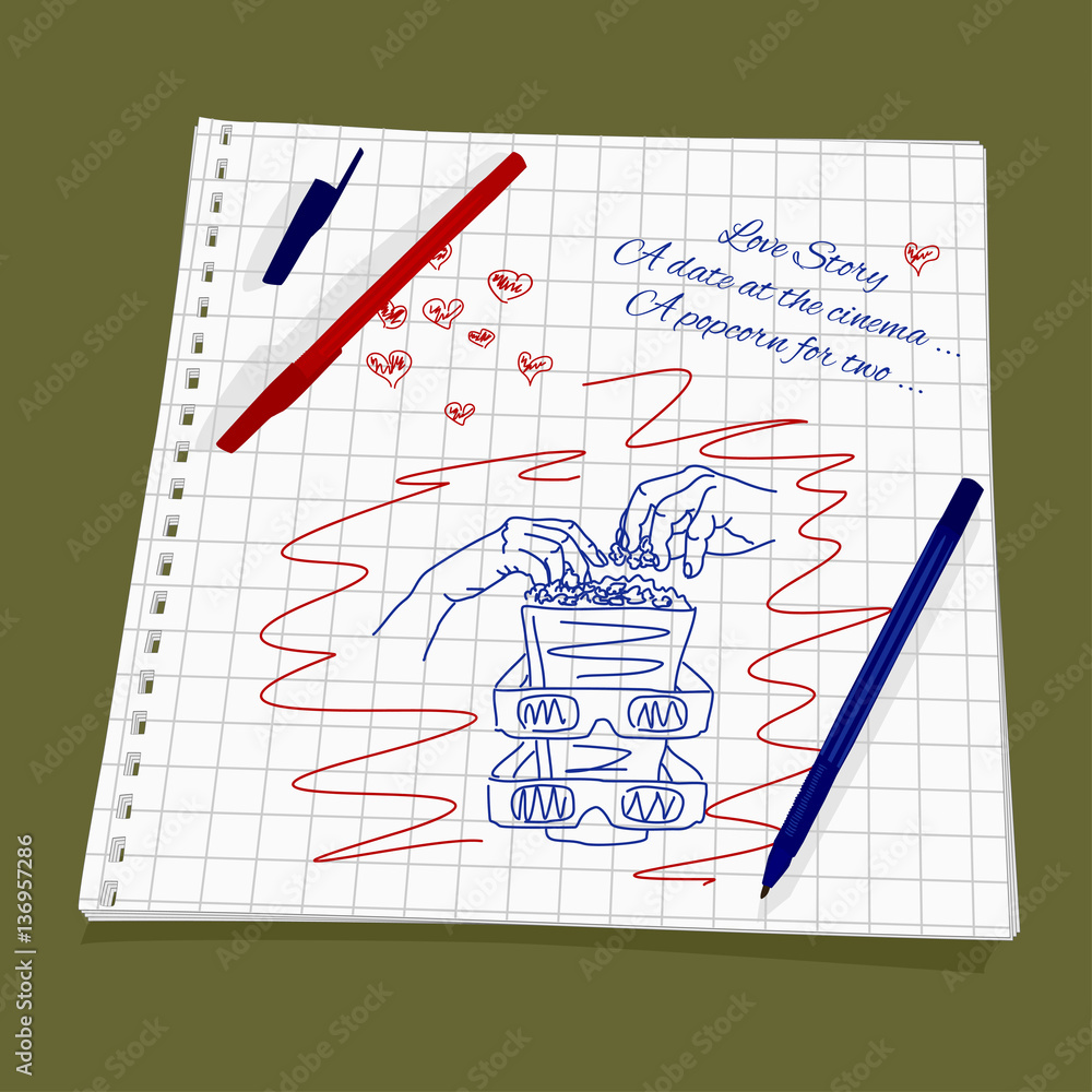 Love Story - a date at the cinema. Cute Romantic simple drawing a red ...