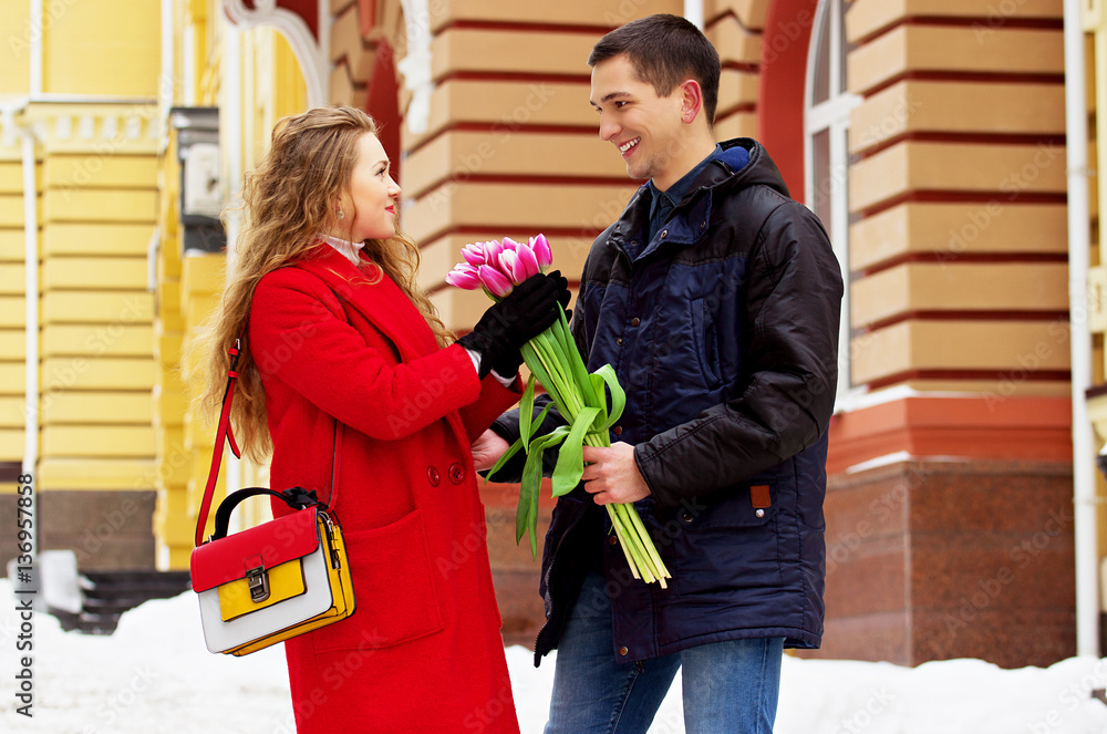 Romantic Date Man Giving Flowers To His Girlfriend Beautiful Young Couple Walking Together