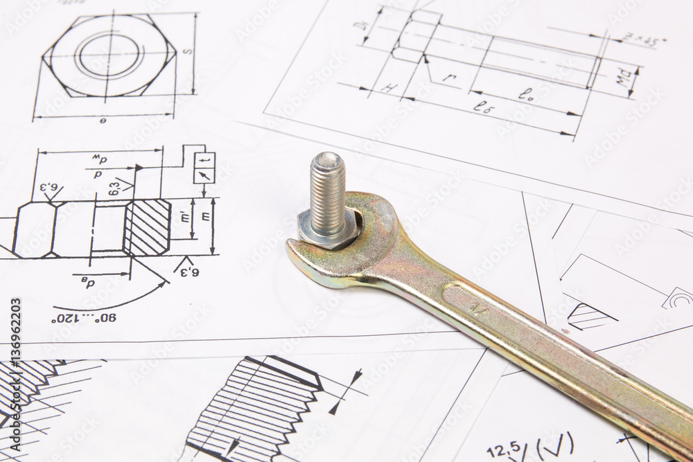 Technical drawings of bolts and nuts. Engineering, technology and ...