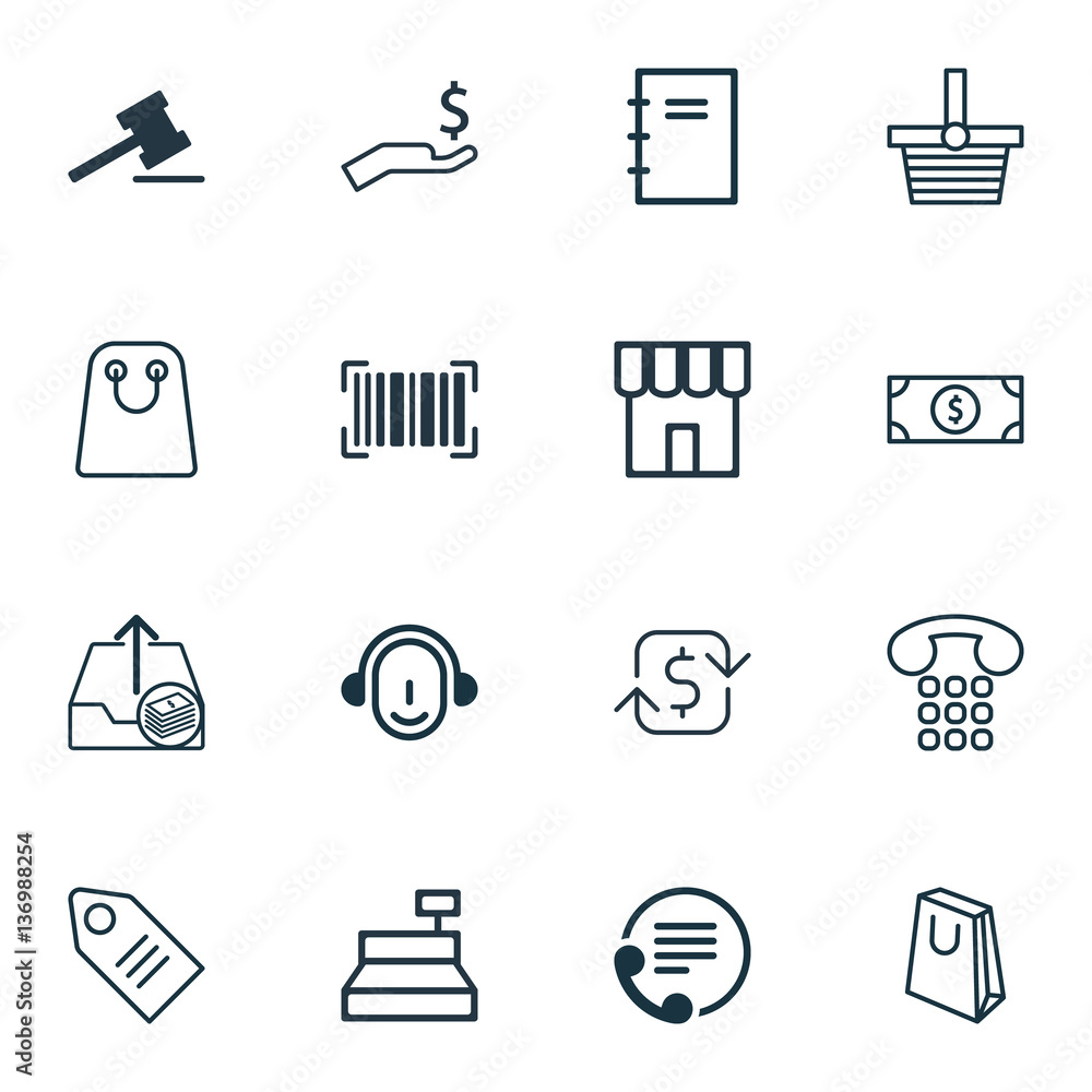 Set Of 16 E-Commerce Icons. Includes Till, Handbag, Gavel Symbols ...