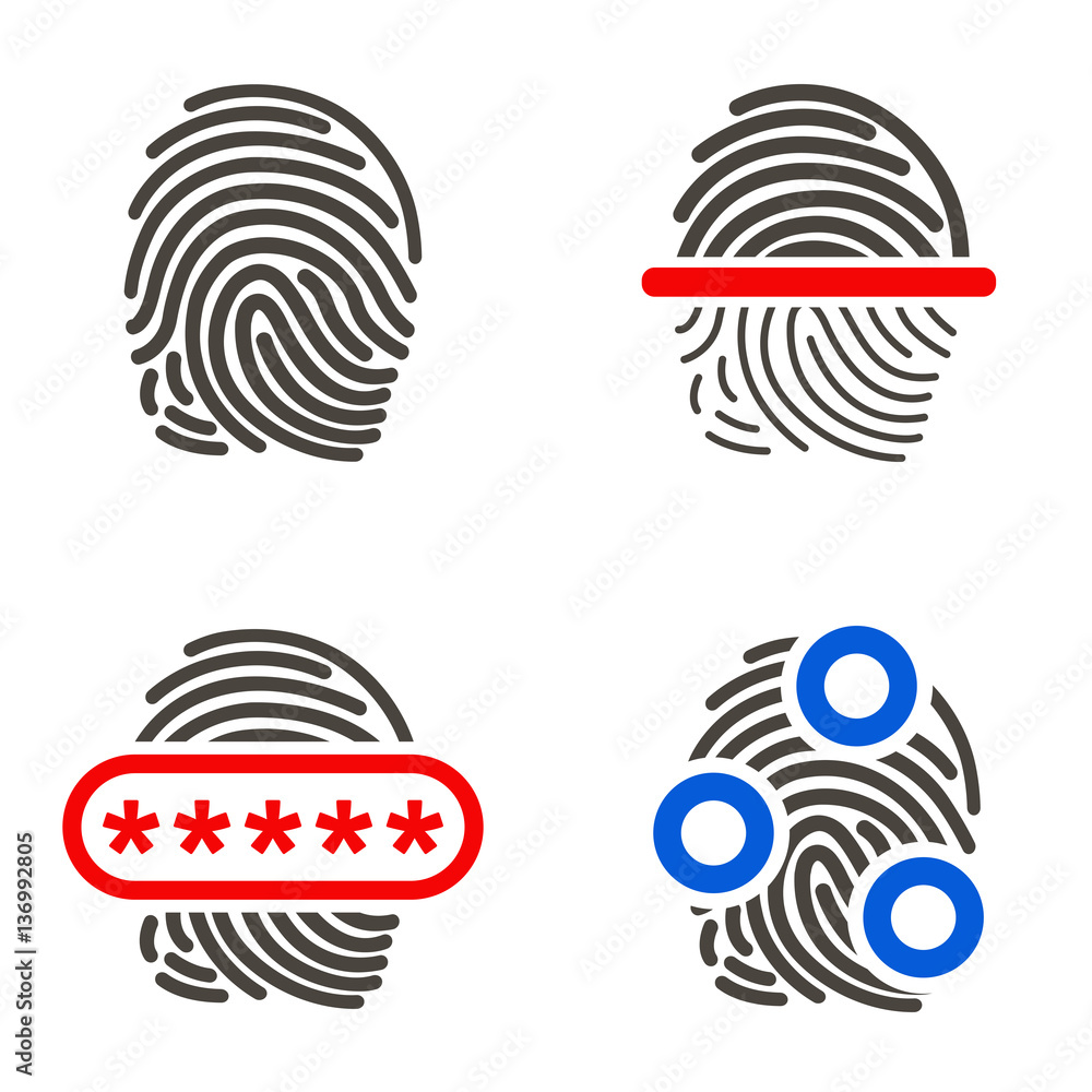 Fingerprint icons. Set authorization and identification icons. Finger print symbol. Scanning ...