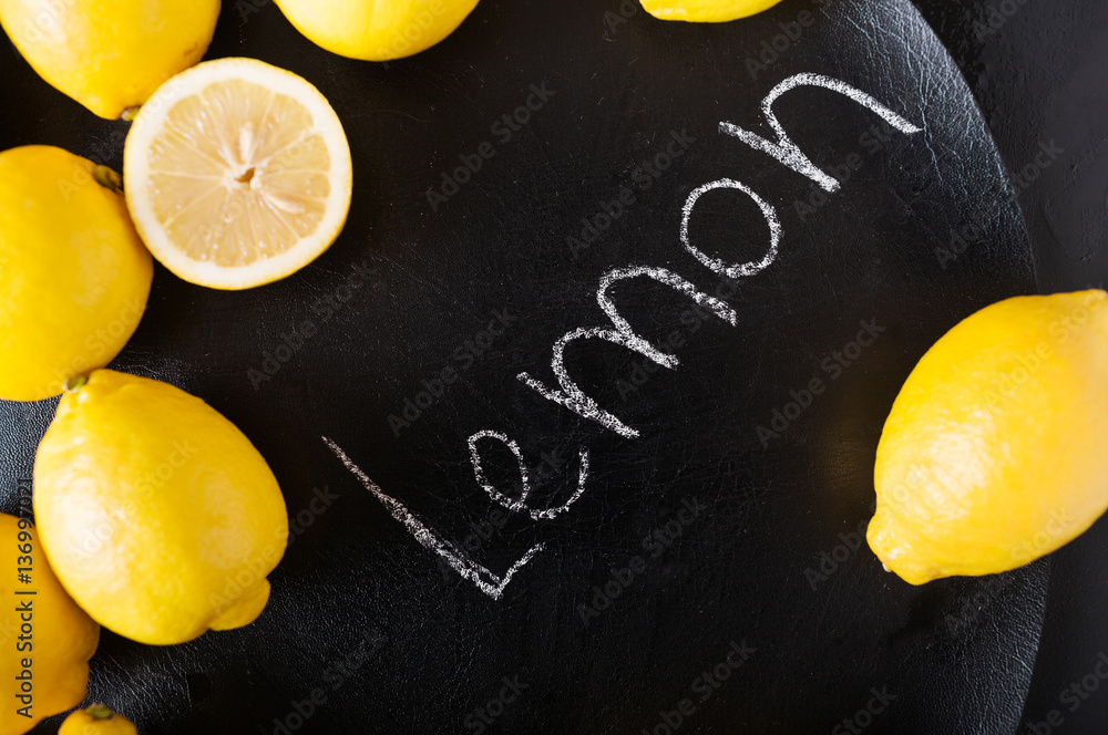 Word Lemon on chalkboard. Hand written. Copy space. Fitness and weight ...