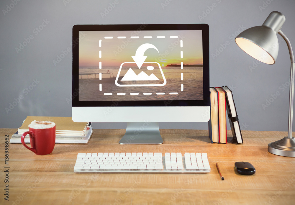 Desktop Computer on Wooden Desk Mockup Stock Template | Adobe Stock