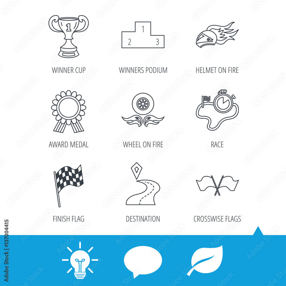 Winner cup and podium, award medal icons. Race flag, motorcycle helmet ...