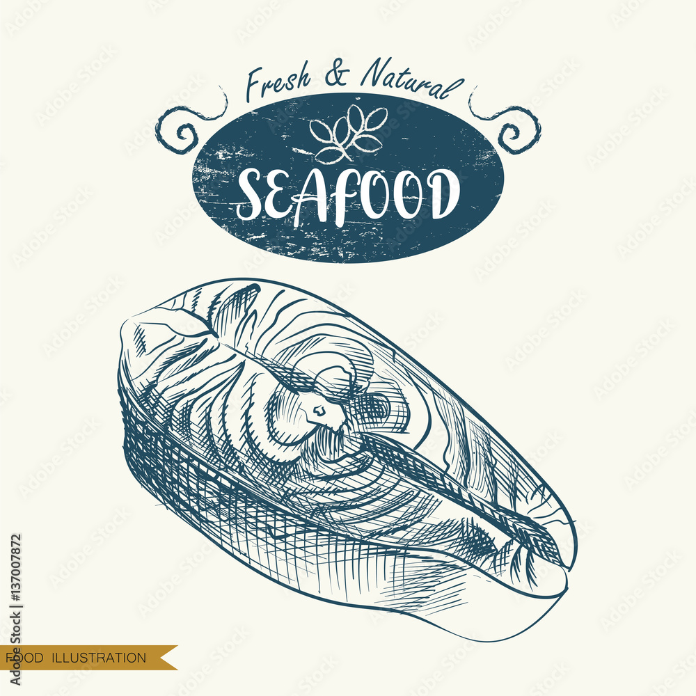 Hand drawn fish steak isolated on white background. Seafood elements ...