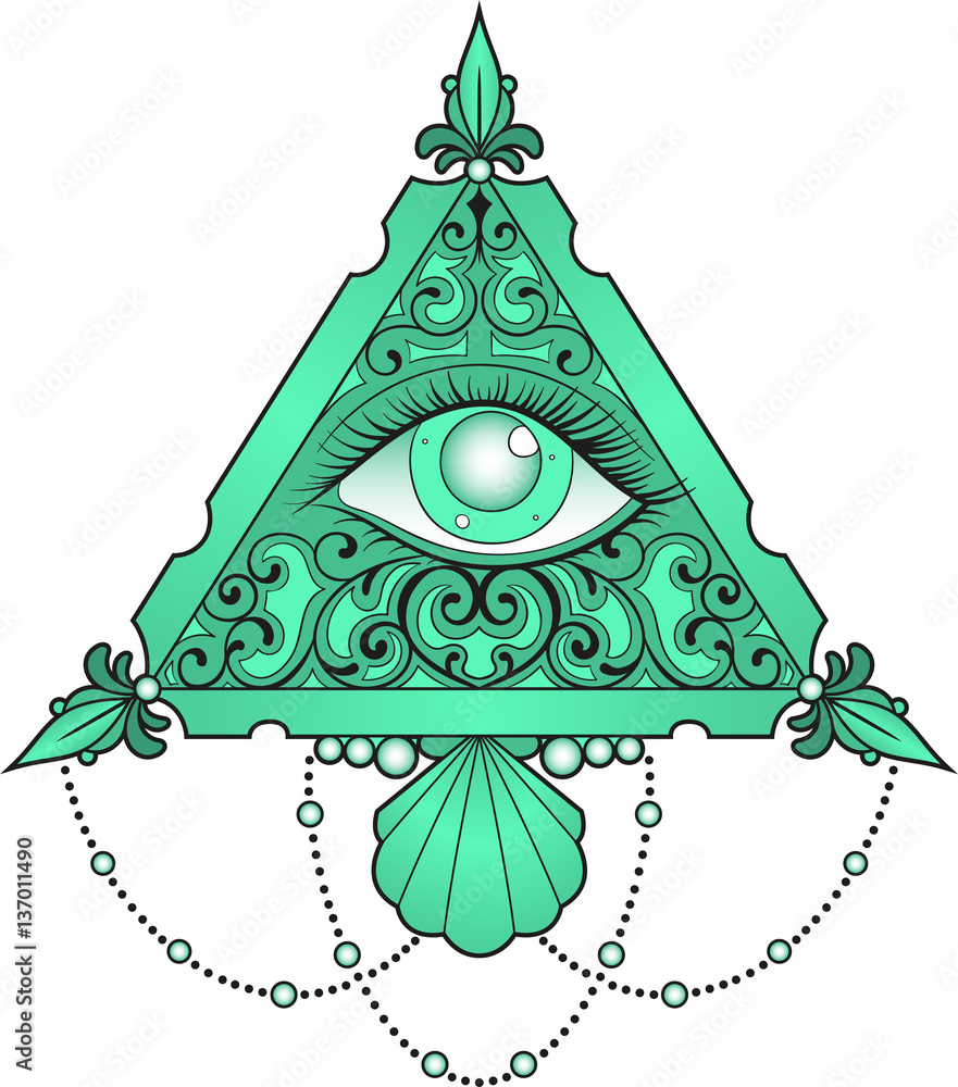 Vector illustration of a grayscale eye inside a decorated triangle ...