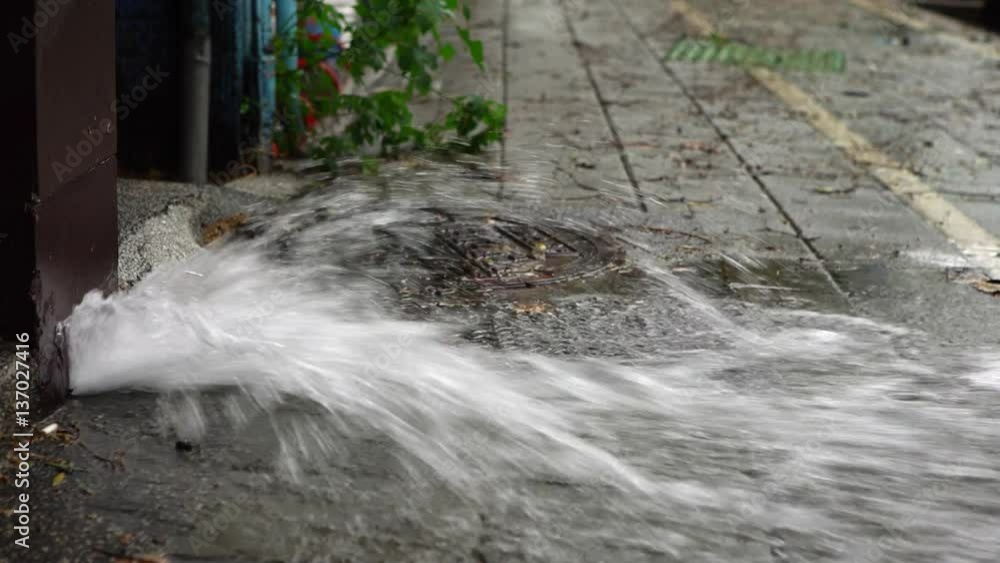 4K Explosion Of The Pipe Water At Typhoon Day in Taipei City. Water ...