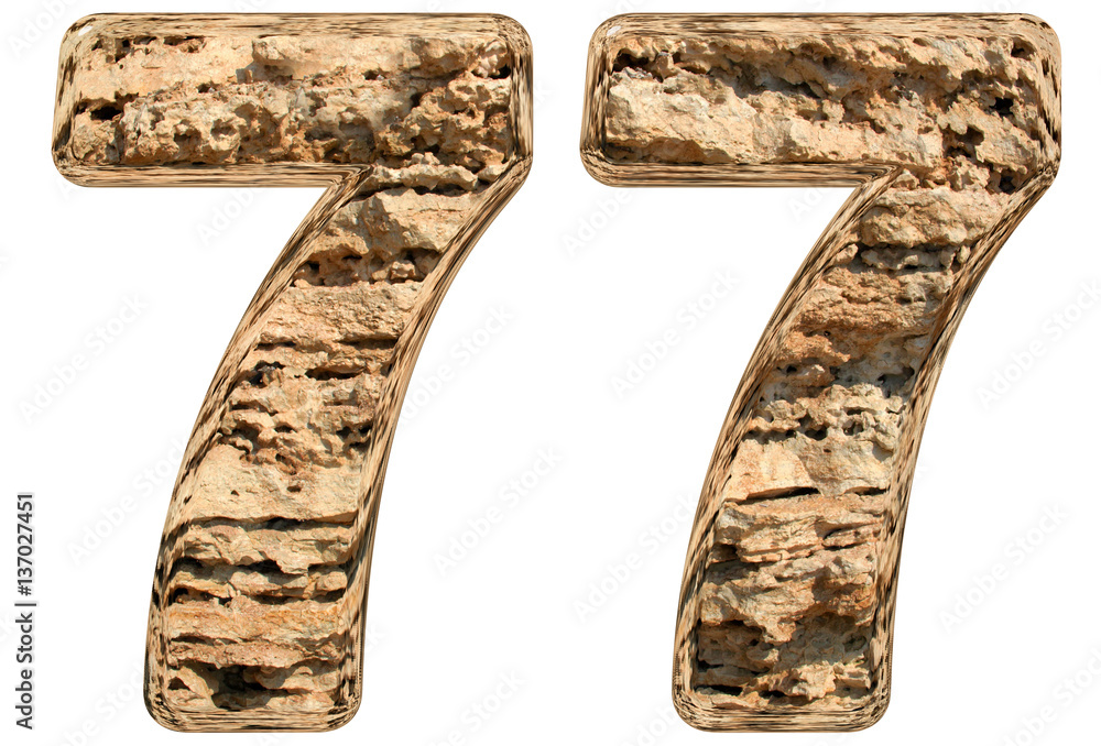 Numeral 77, seventy seven, isolated on white, natural limestone ...