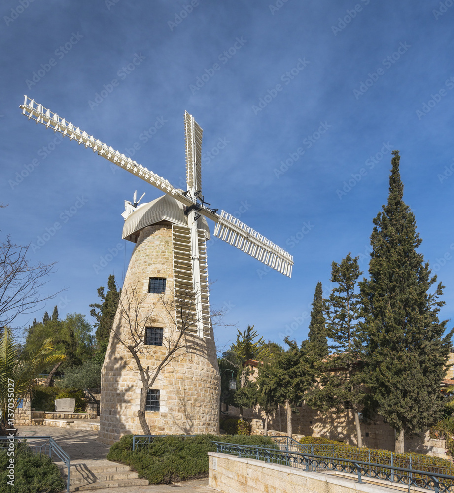 Montefiore windmill, Jerusalem. It is a famous old museum and public ...