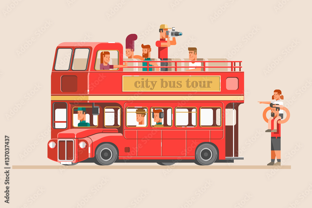 People go on the red tourist bus and take pictures of landmarks. Vector ...