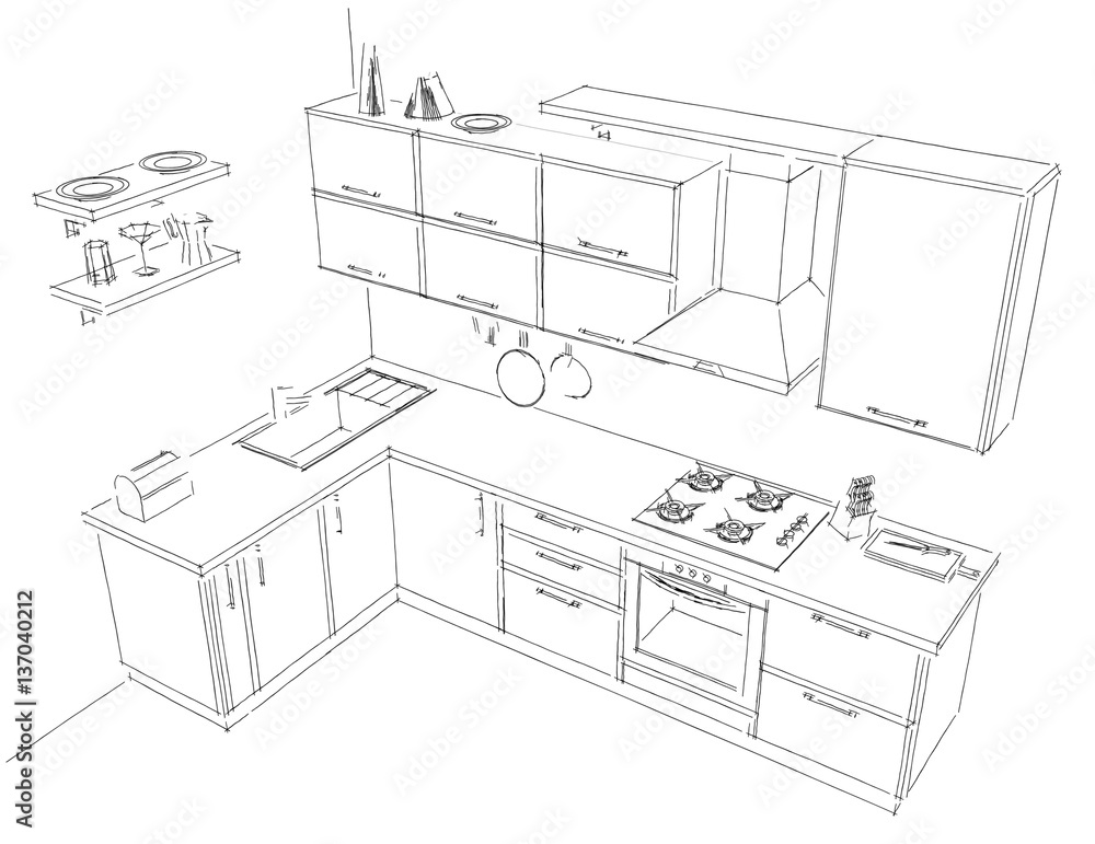 Sketch of modern corner kitchen. 3d outline illustration black and ...