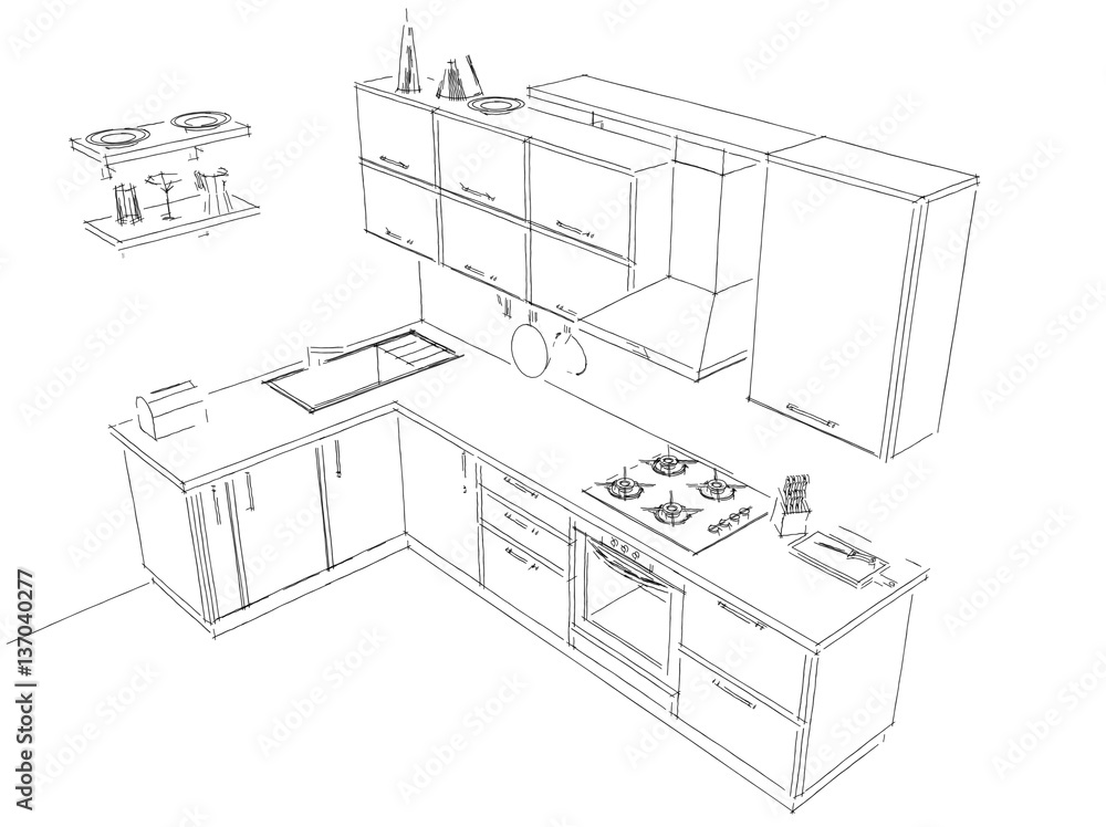 Sketch outline drawing of 3d modern corner kitchen interior black and ...