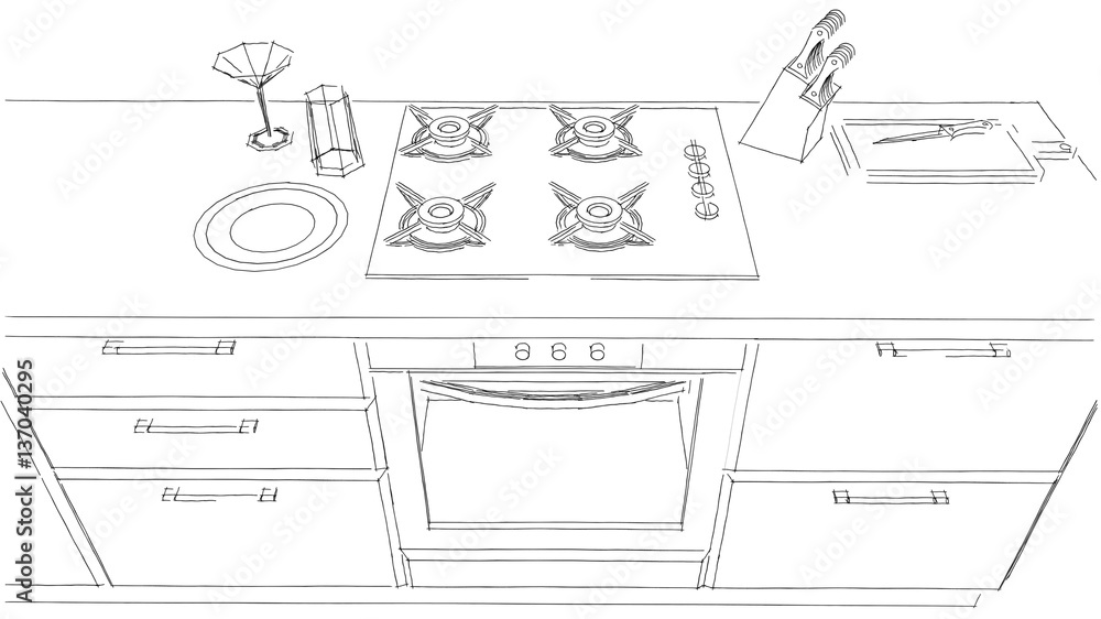 Sketch drawing of built-in kitchen oven and 4 -burner hob black and ...
