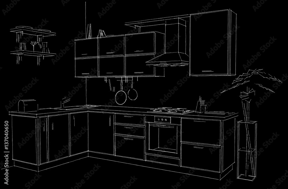 Outline sketch of modern corner kitchen. White pencil lines on black ...
