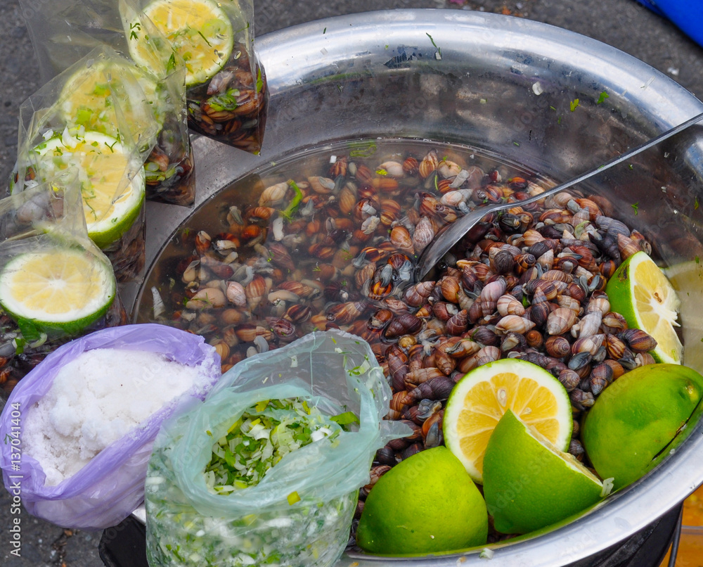 catzos and churos, typical andean food in Otavalo, Ecuador. Mollusks ...