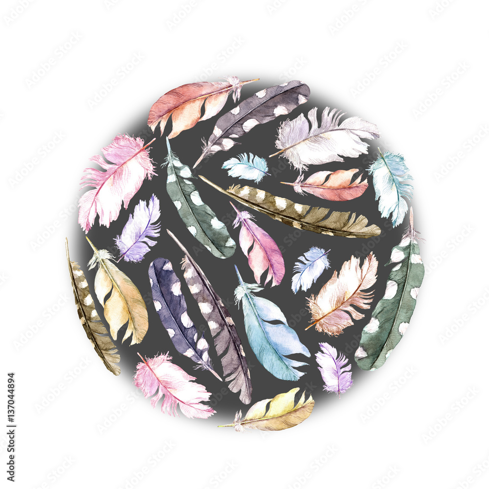 Feathers. Circle pattern on black background. Watercolor Stock ...