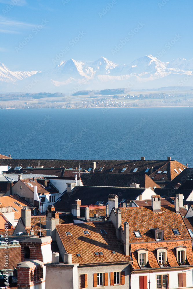 Top view of the medieval town of Neuchatel in Switzerland, on the ...