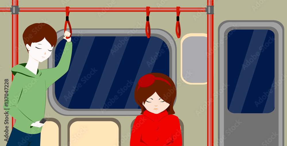 People inside a subway train. Boy and girl. Teenagers in train ...