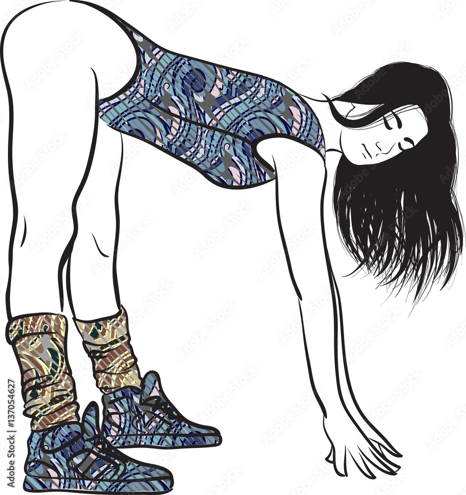 drawing of a girl in a blue suit and sneakers, doing fitness, line art ...