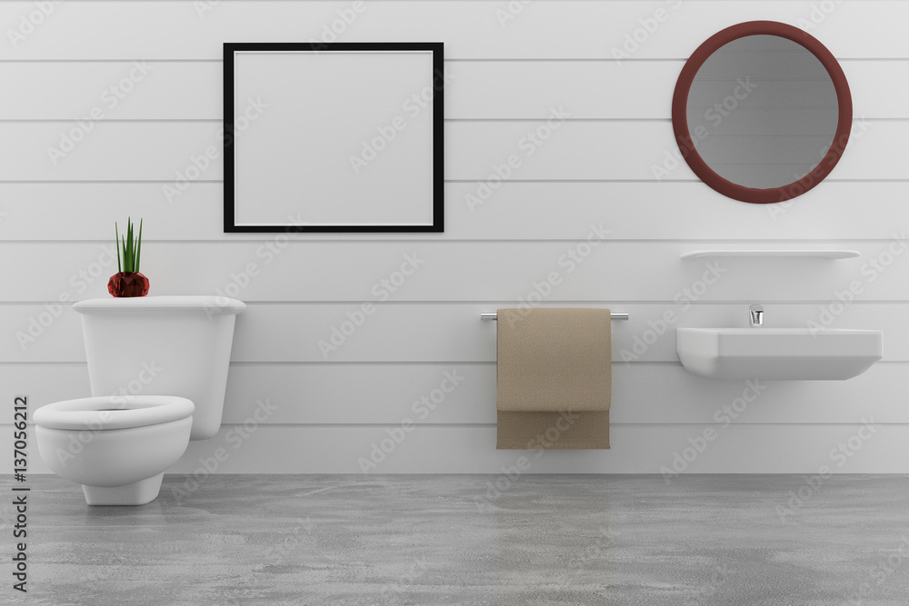 toilet design in white wall and concrete room with mock up photo frame ...