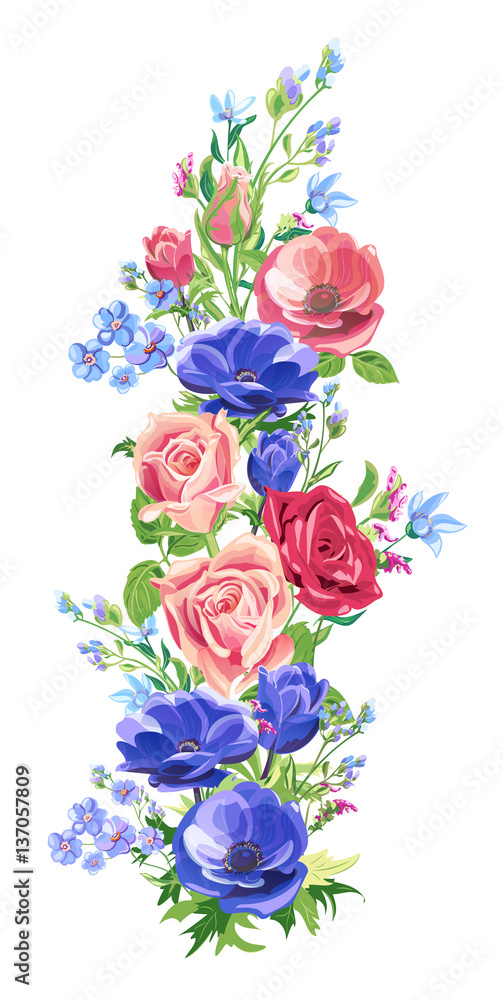 Floral vertical border, pink, red, blue flowers, bouquet of roses and ...