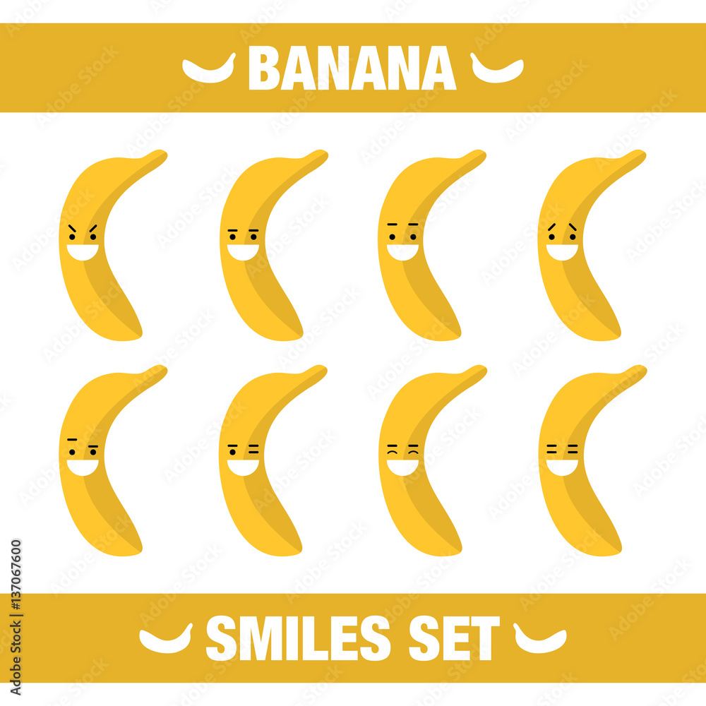 vector illustration with funny banana flat character smile set on white ...