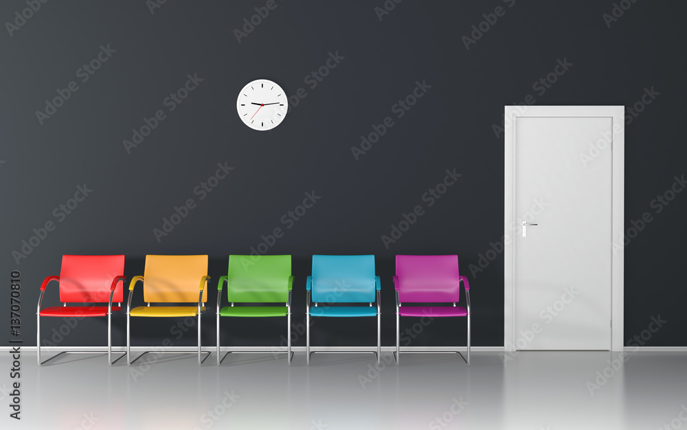 Nice dark waiting room with ffive colored chairs Stock Illustration ...