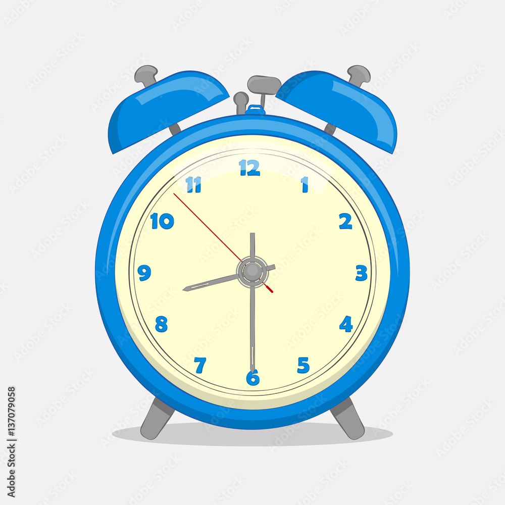 Classic blue alarm clock isolated on white background in cartoon style ...