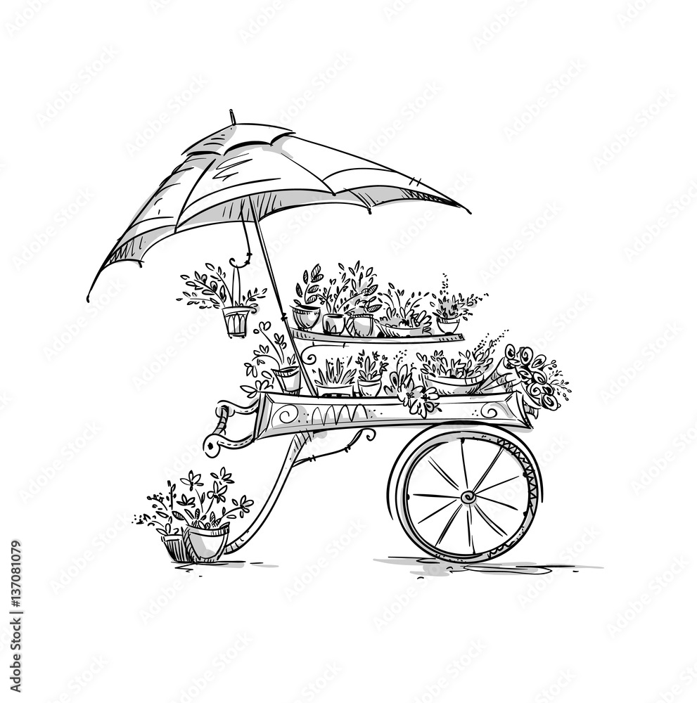 Flower stall, Florist cart. Vector illustration Stock Vector | Adobe Stock