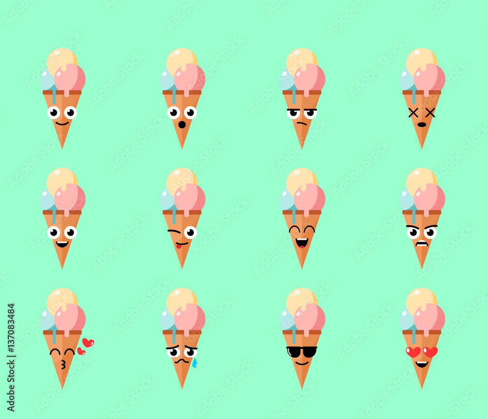 Ice Cream Smile Emoji Vector Set. Funny and Cute Emoticons Stock Vector ...