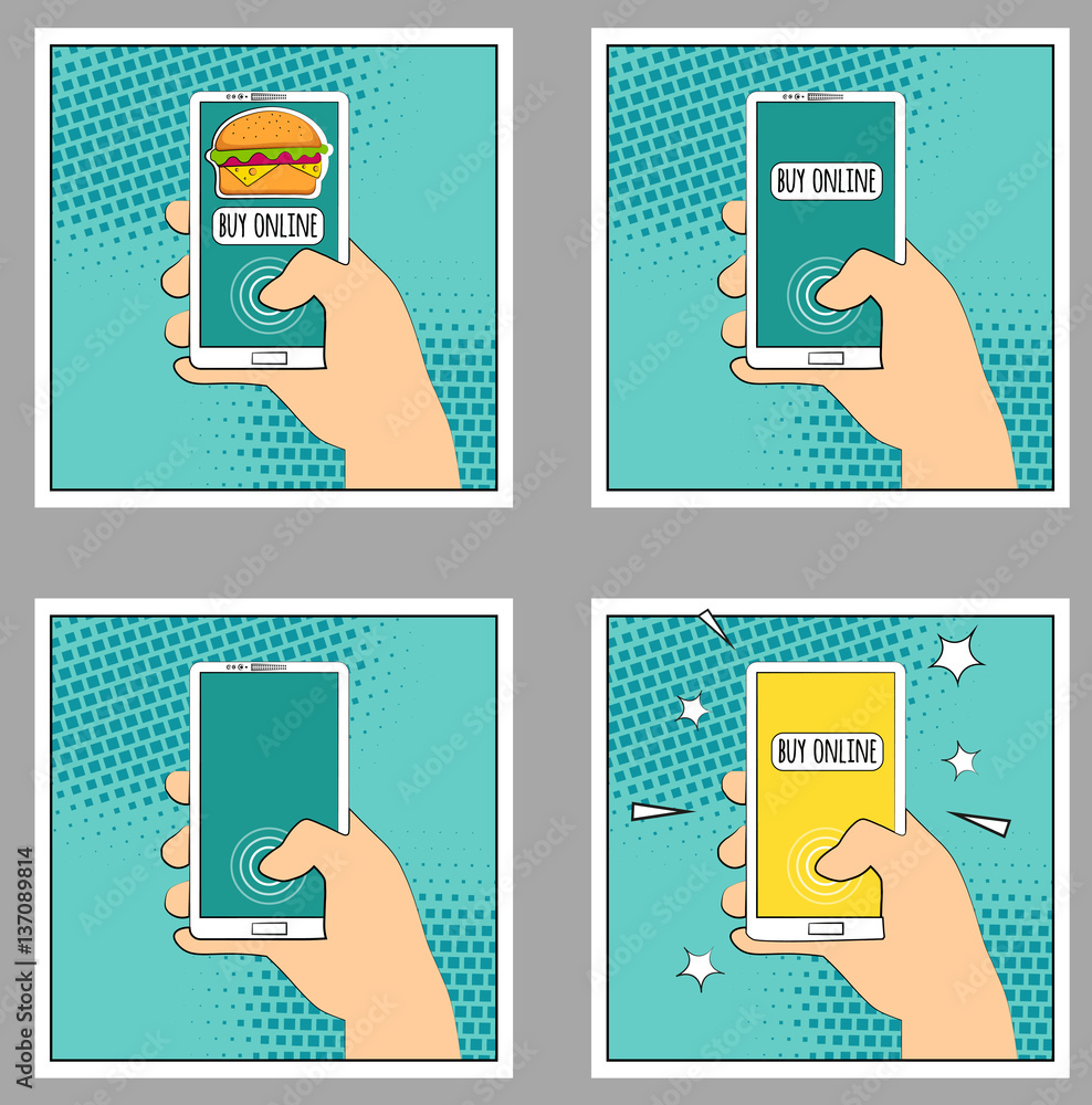 Set Comic smartphone phone with halftone shadows. Hand holding ...