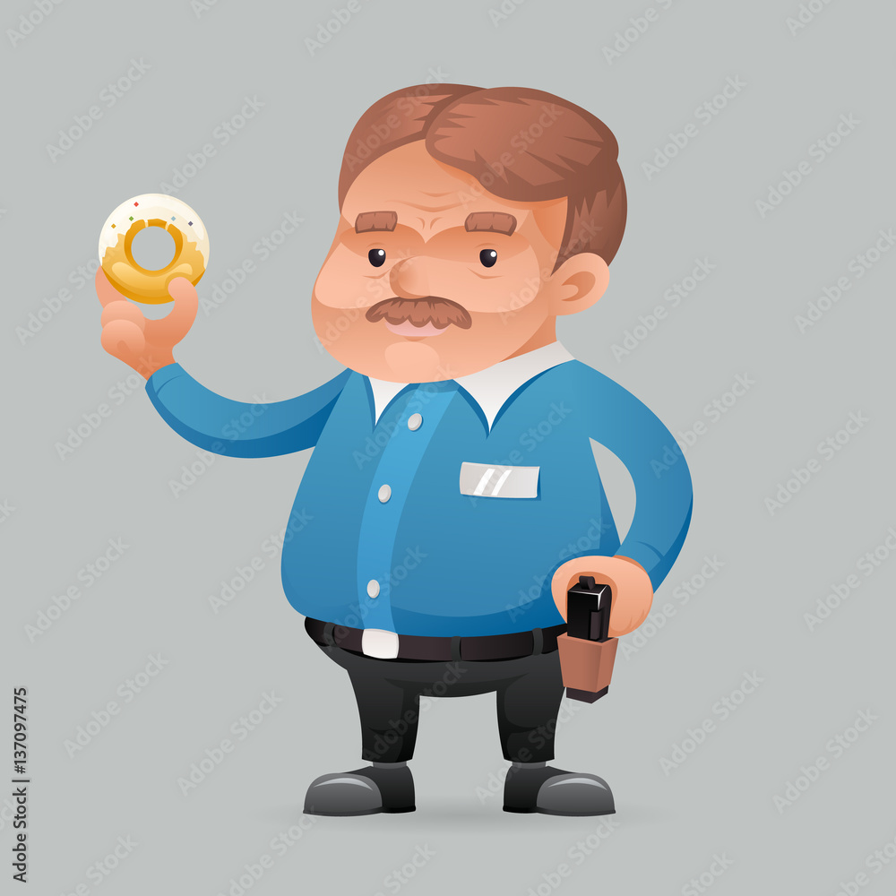 Fat policeman security guard with donut Icon retro cartoon symbol ...