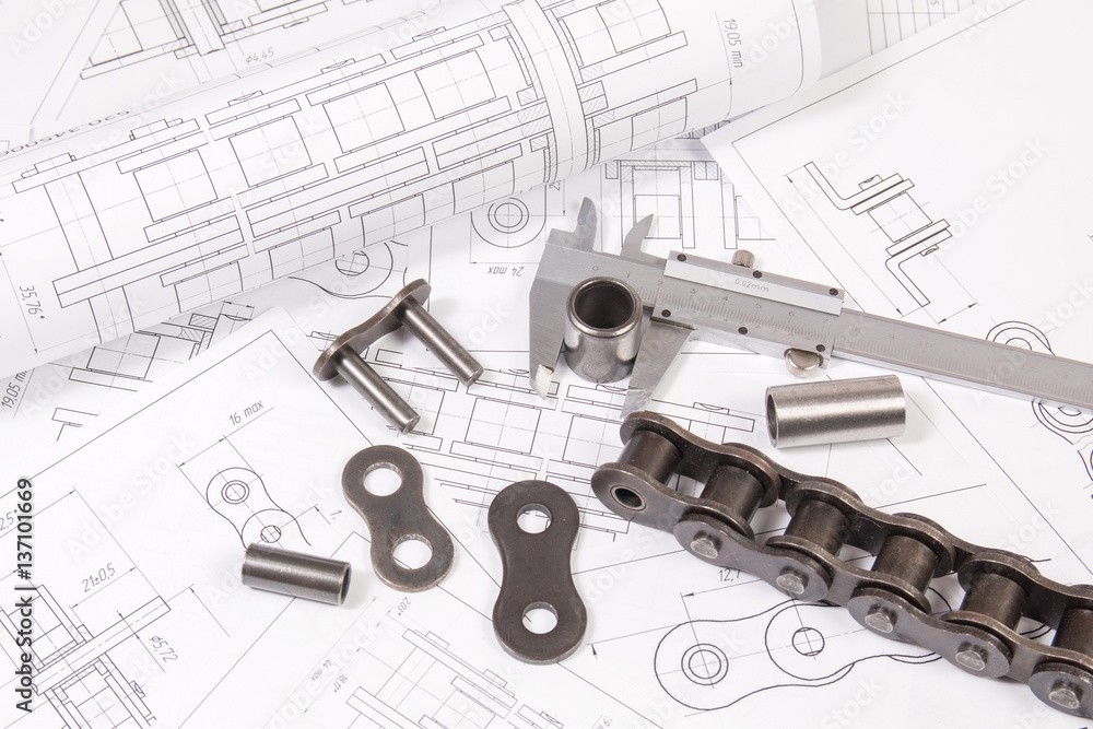 Poster Caliper, parts of roller chain on the printed engineering ...